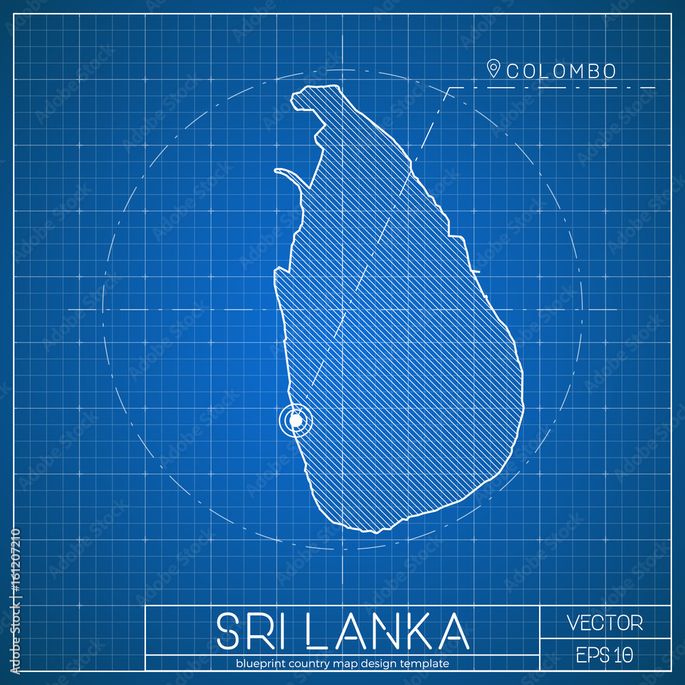 Sri Lanka blueprint map template with capital city, Colombo marked on ...