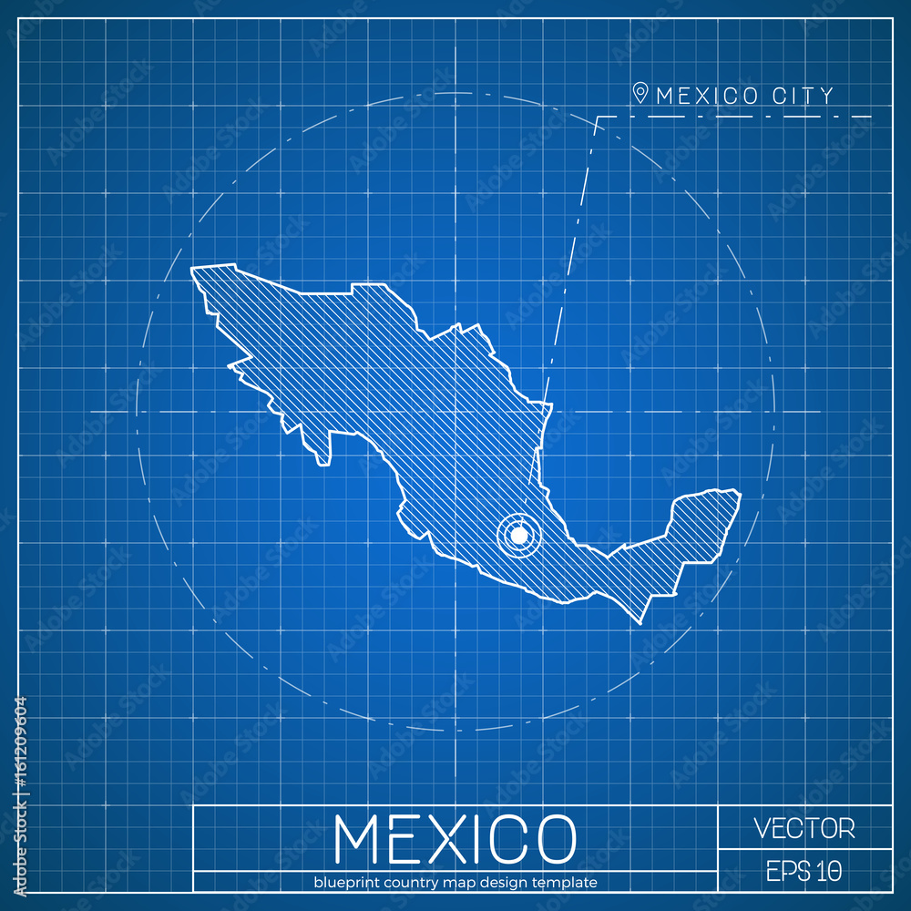 Mexico blueprint map template with capital city. Mexico City marked on ...