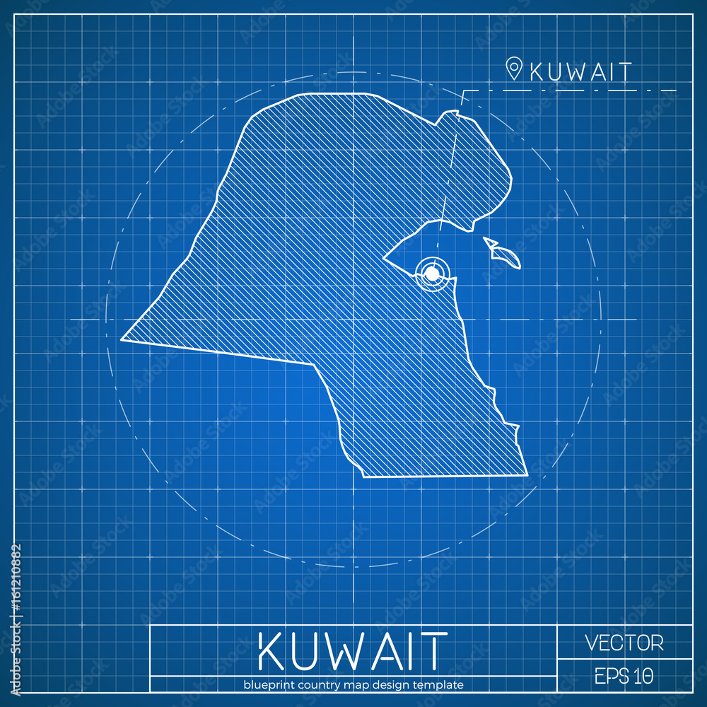 Kuwait blueprint map template with capital city. Kuwait City marked on ...