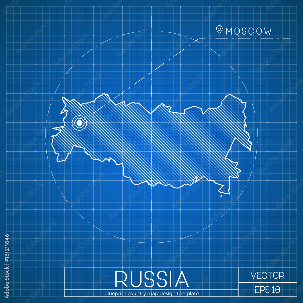 Russia blueprint map template with capital city. Moscow marked on ...