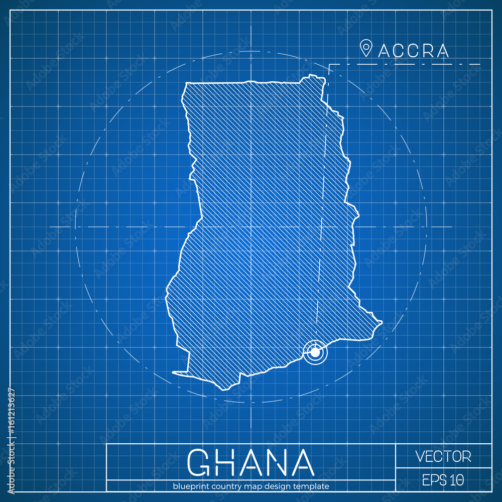 Ghana blueprint map template with capital city, Accra, marked on a ...