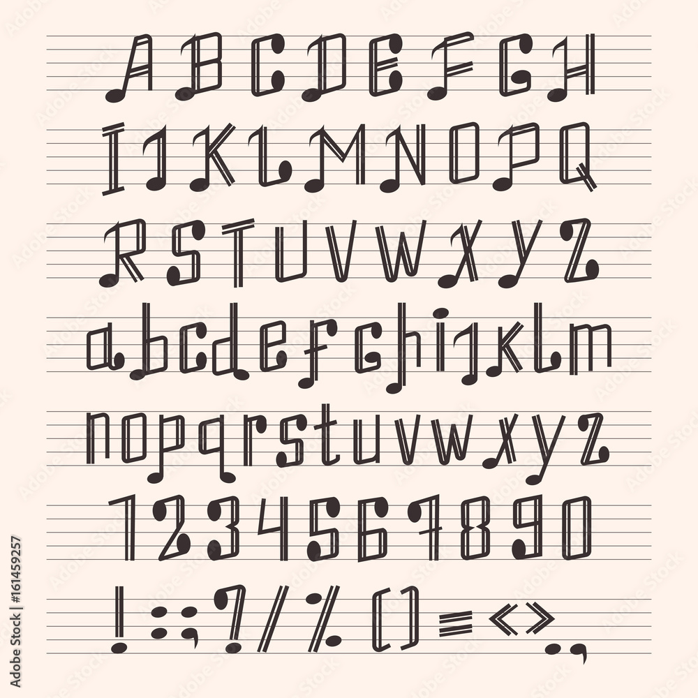 Musical decorative notes alphabet font hand mark music score abc ...
