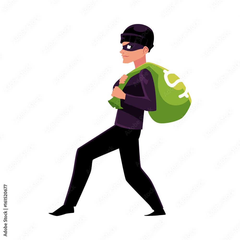 Thief, robber, burglar trying to escape with a money bag, cartoon ...