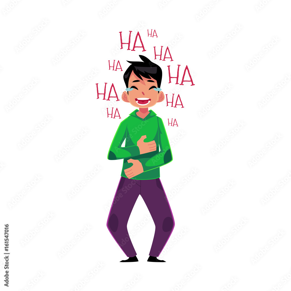 Young man laughing out loud, crying from laughter holding stomach ...