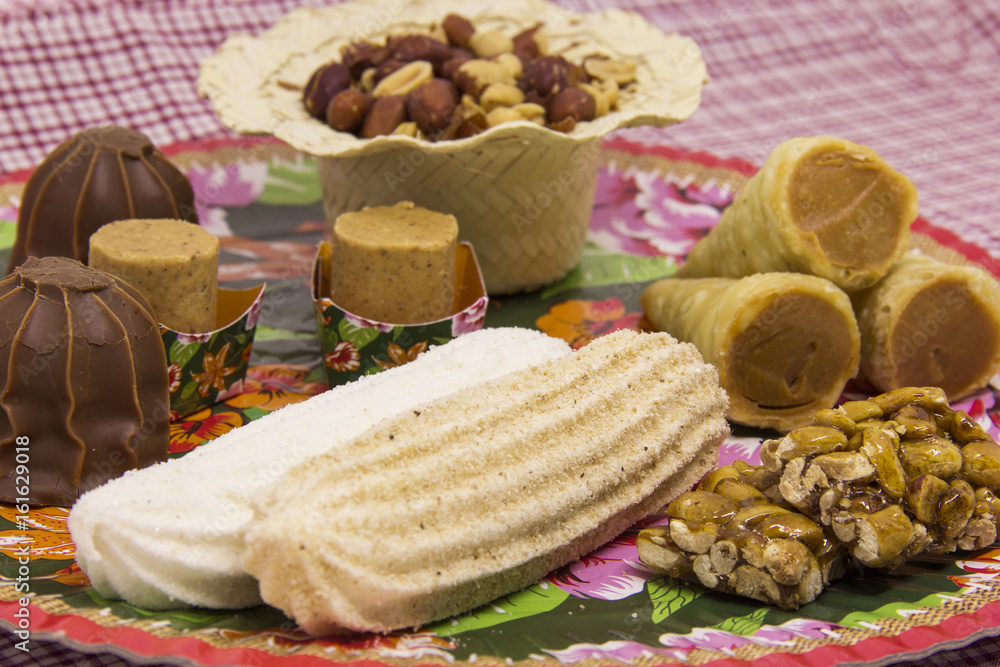 Several typical Brazilian sweets from Junina. Peanut, coconut candy ...