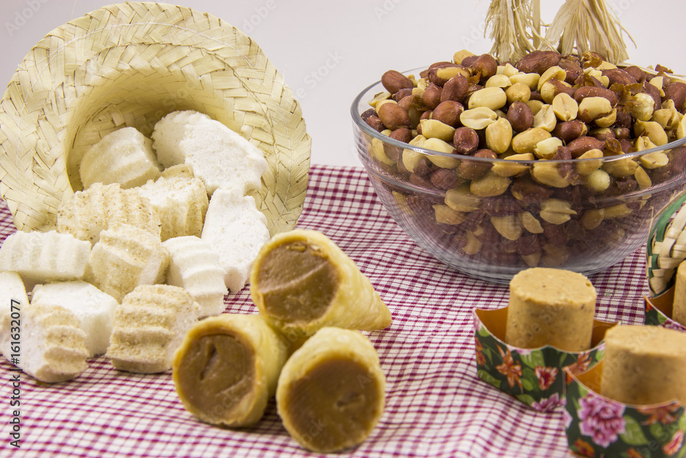 Several typical Brazilian sweets from Junina. Peanut, coconut candy ...
