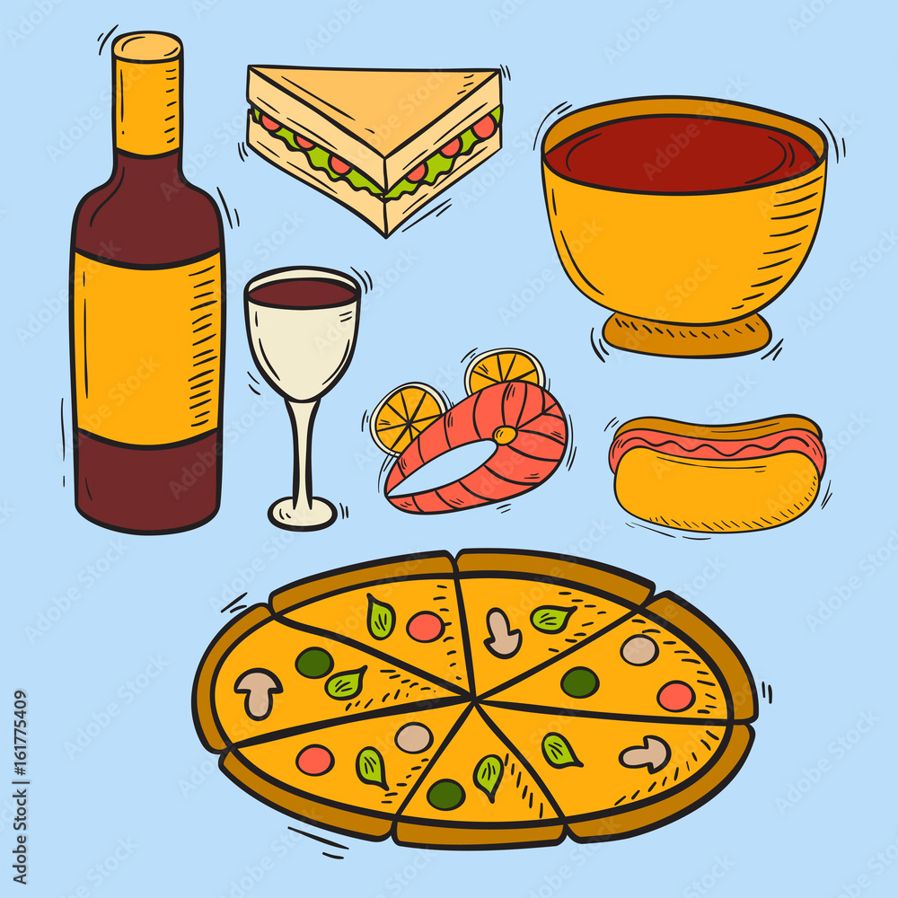 Vector icons hot fast food hand drawn restaurant breakfast pizza design ...