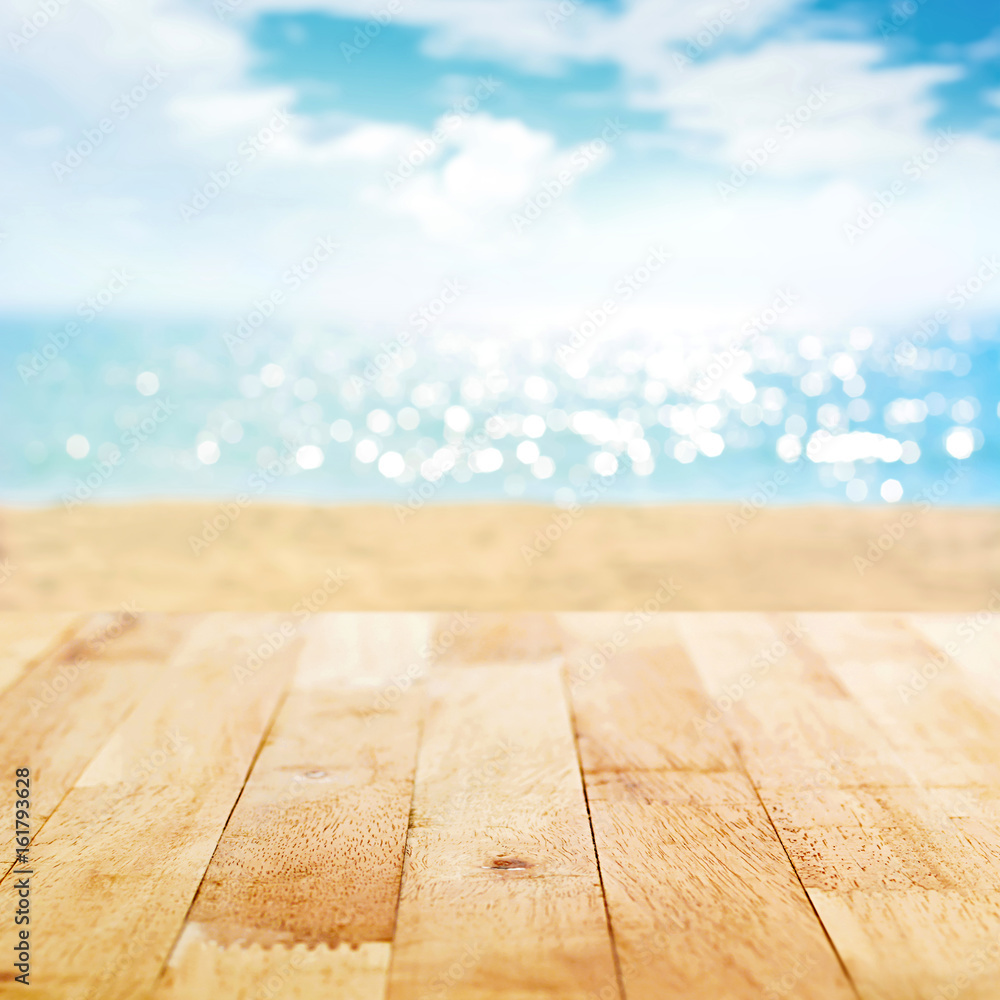 Wood table top on blur summer beach and sunny sky background Stock ...