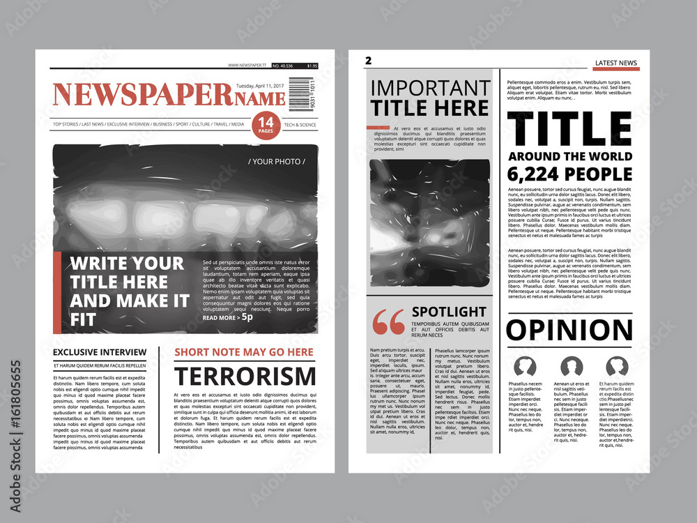 Newspaper front page with several columns and photos. Vector magazine ...