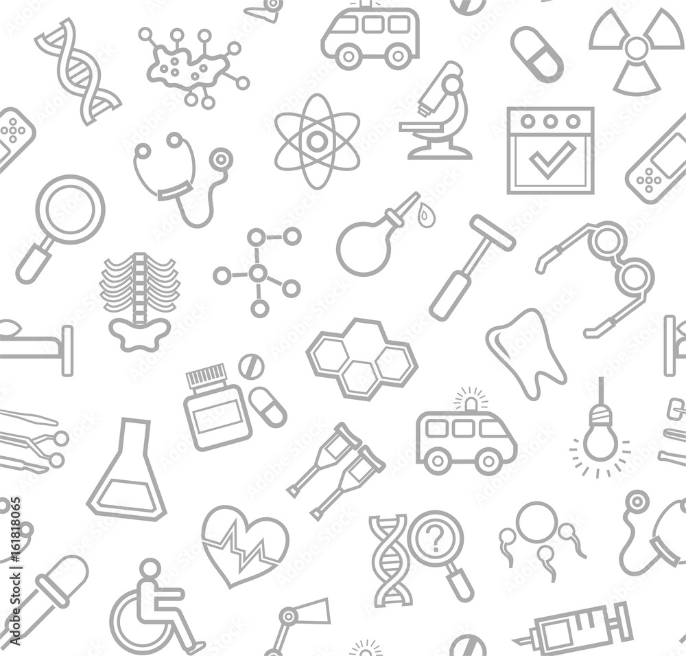 Medicine, white background, seamless, contour icons, vector. Medical ...