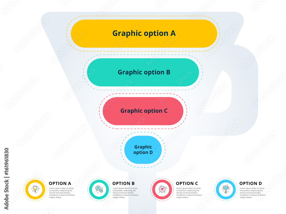 Pyramid 4 step process chart infographics with option circles. Funnel ...