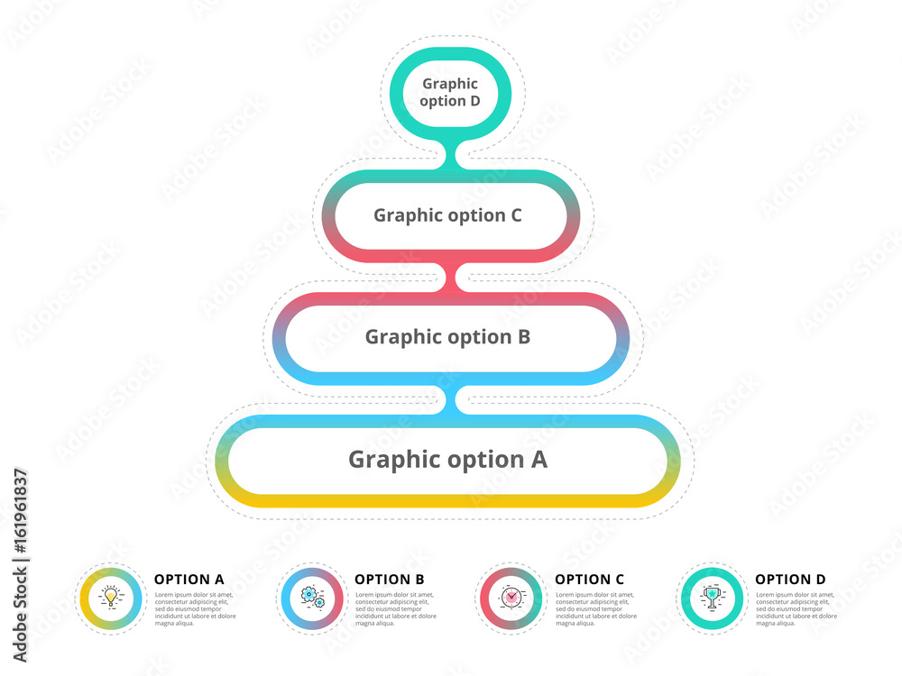 Pyramid 4 step process chart infographics with option circles. Funnel ...