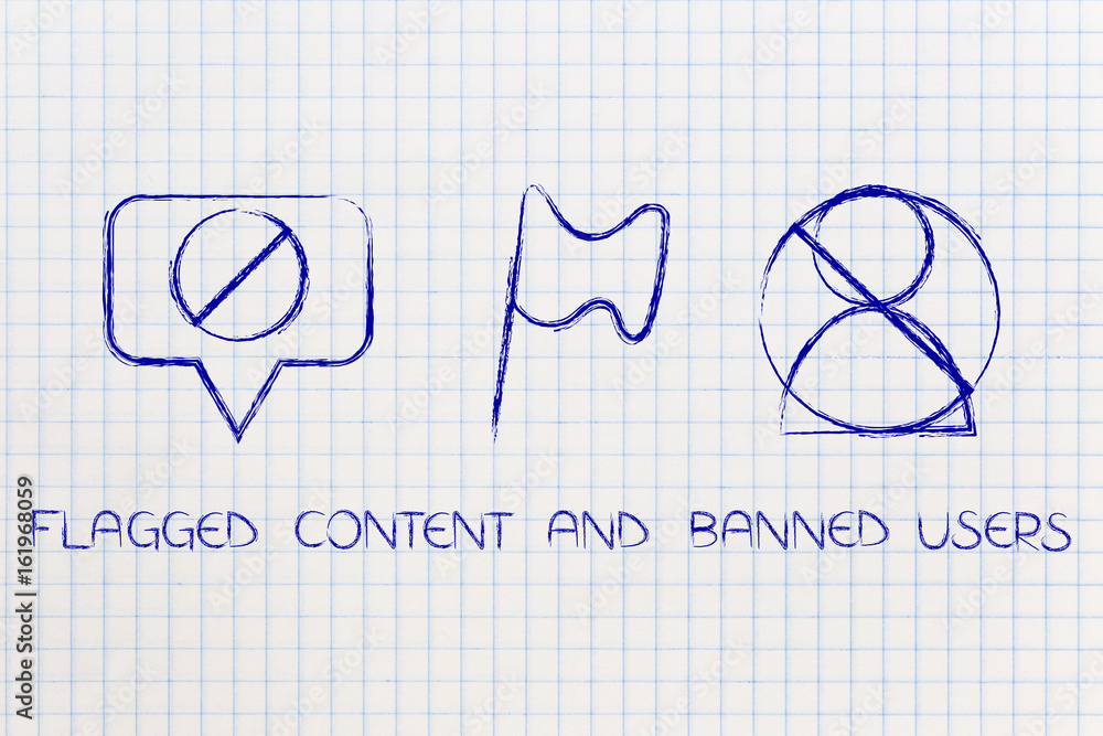 flagged content and banned social media users icons Stock Illustration ...