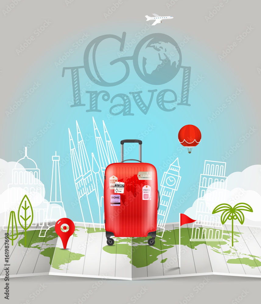 World map with the bag. Go travel logo Stock Vector | Adobe Stock