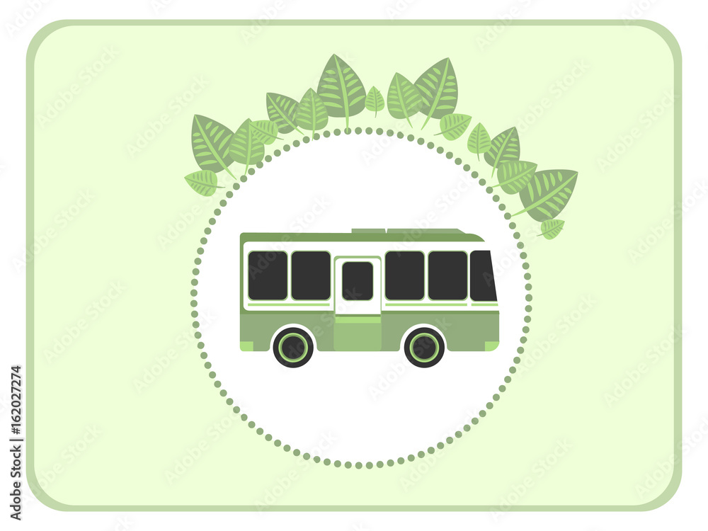 Eco-friendly bus in frame with leaves isolated on light background ...