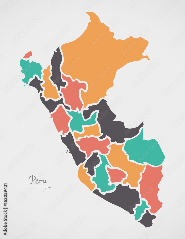 Peru Map with states and modern round shapes Stock Vector | Adobe Stock
