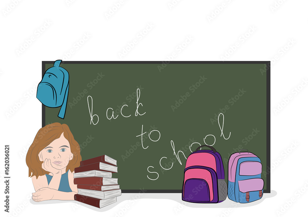 The schoolgirl sits behind books. School subjects. Hand drawn cartoon ...