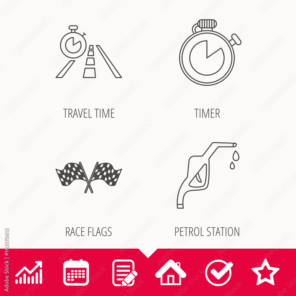 Race flags, travel timer and petrol station icons. Timer linear sign ...