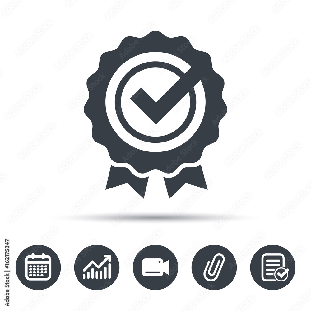 Award medal icon. Winner emblem with tick symbol. Calendar, chart and ...