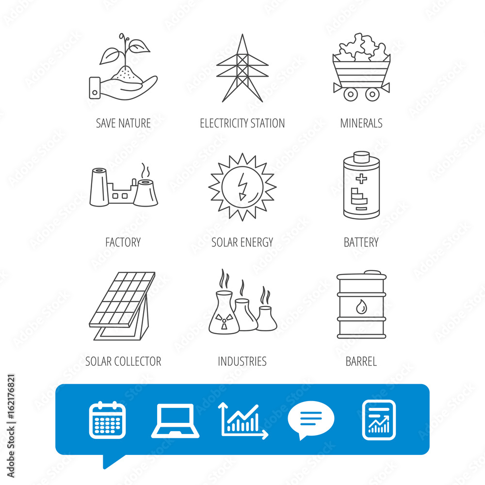 Solar collector energy, battery and oil barrel icons. Minerals ...
