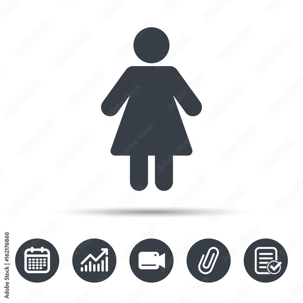 Woman icon. Female human symbol. User sign. Calendar, chart and ...