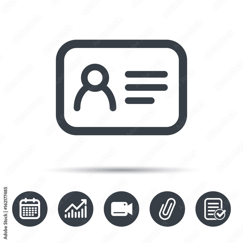 ID card icon. Personal identification document symbol. Calendar, chart ...
