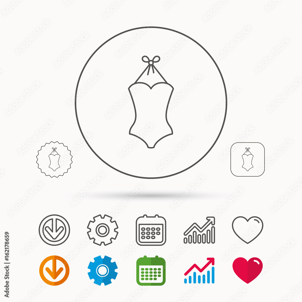 Swimsuit icon. Women swimwear sign. Calendar, Graph chart and Cogwheel ...