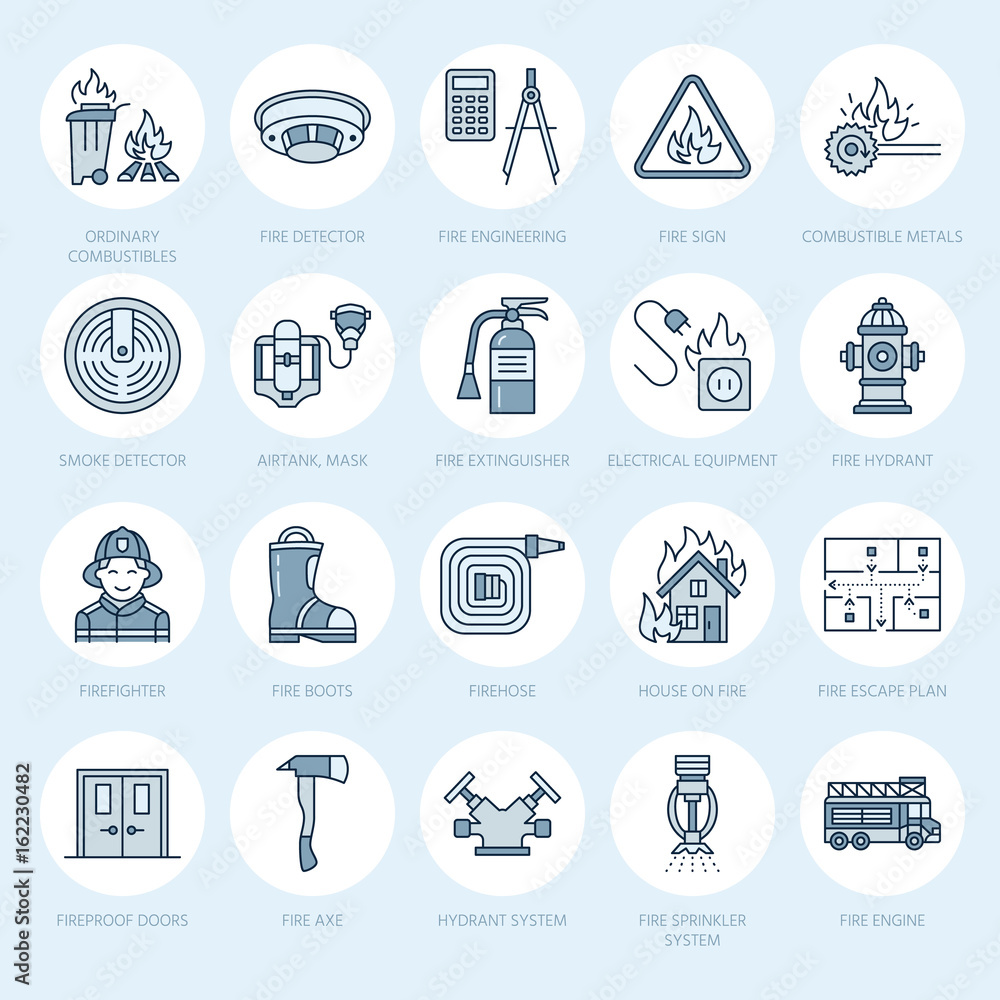 Firefighting, fire safety equipment flat line icons. Firefighter, fire ...