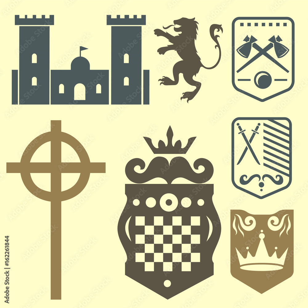 Heraldic royal crest medieval knight elements vintage king symbol ...