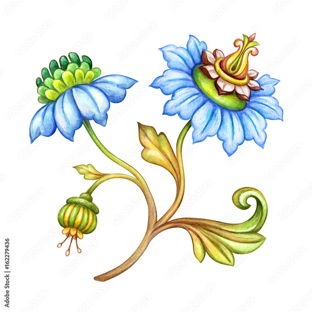 watercolor illustration, blue flowers, green leaves, antique design ...