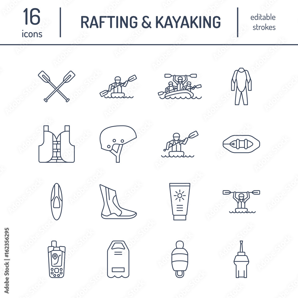 Rafting, kayaking flat line icons. Vector illustration of water sport ...