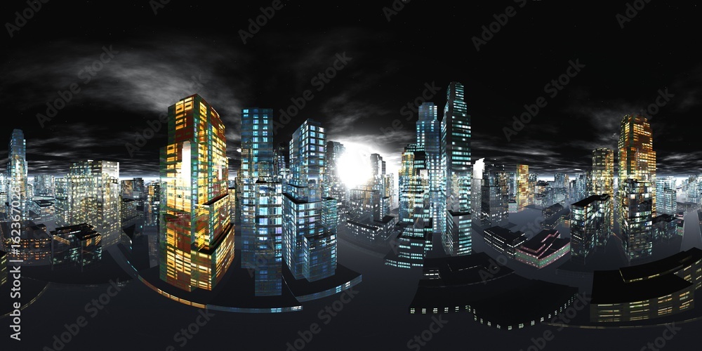 Night city, Cityscape, Environment map. HDRI map. Equirectangular ...
