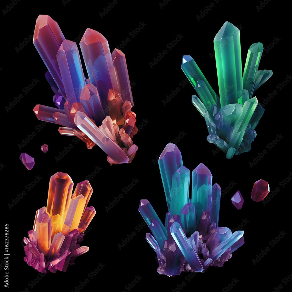 3d render, digital illustration, assorted colorful crystals, gem ...
