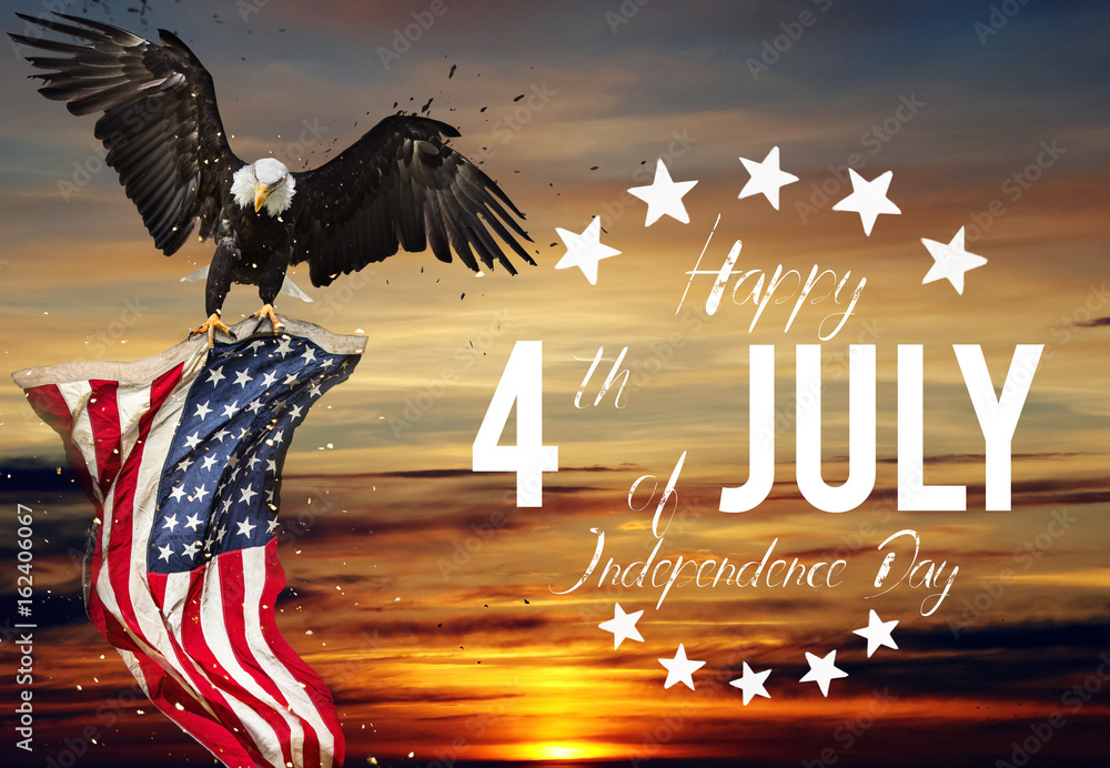 American feast 4th of July. Bald Eagle with American flag Stock Photo ...