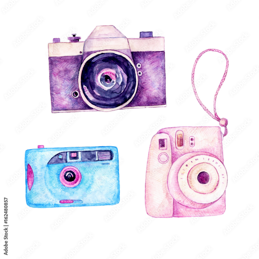 Watercolor hand painted camera set isolated on white. Clipart for ...