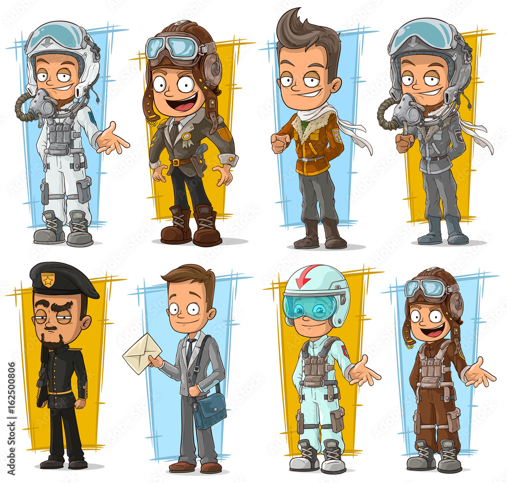 Cartoon cool pilot and postman character vector set Stock Vector ...