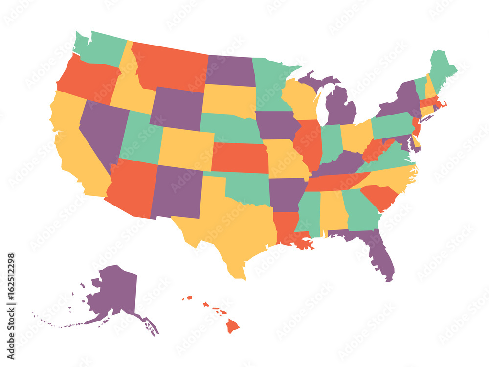 Political map of USA, United States of America, in four colors on white ...