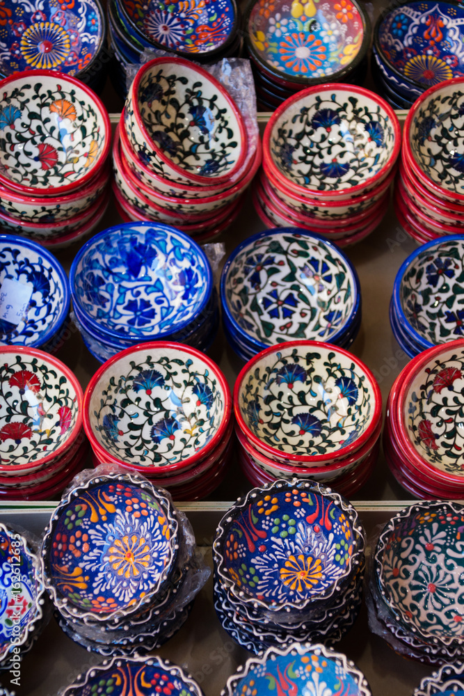 Traditional Cretan painted ceramic dishes for sale at a city centre ...
