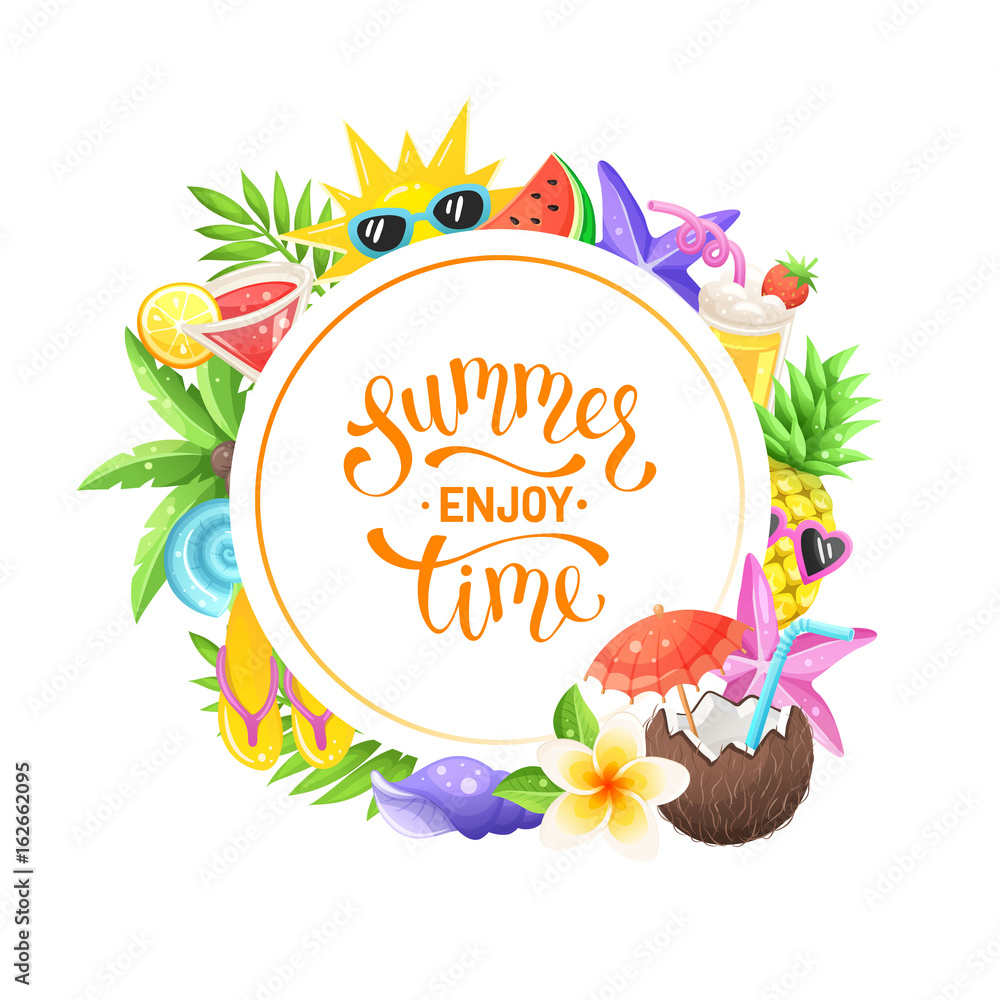 Tropical summer objects in circle composition isolated on white ...