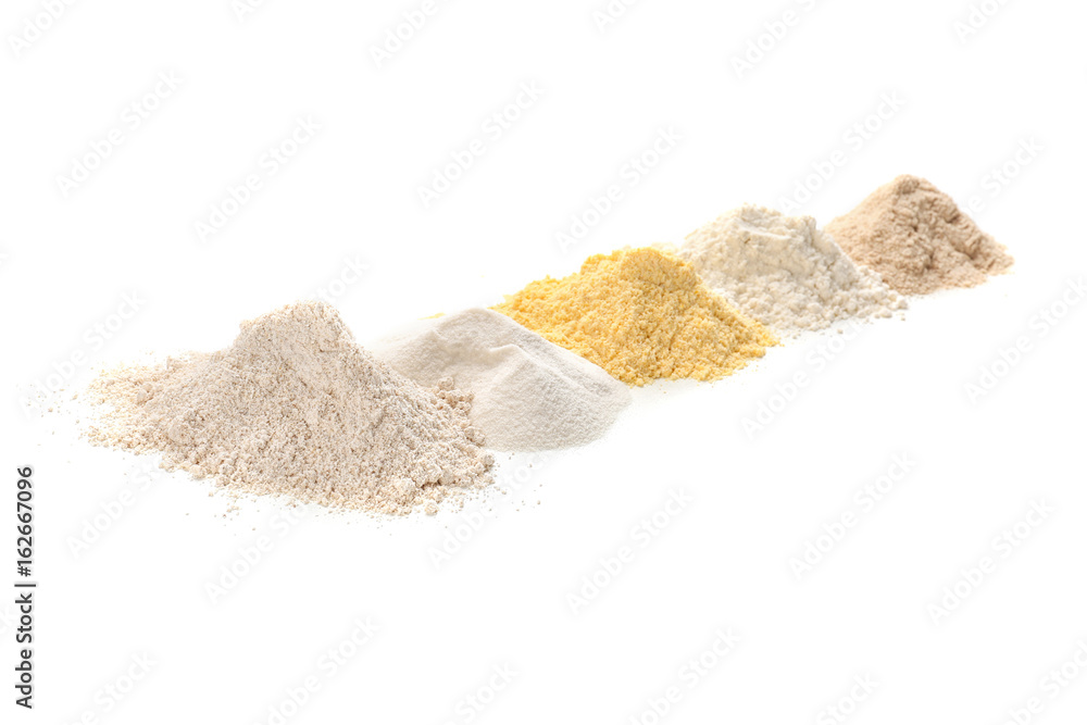 Different types of flour on white background Stock Photo | Adobe Stock