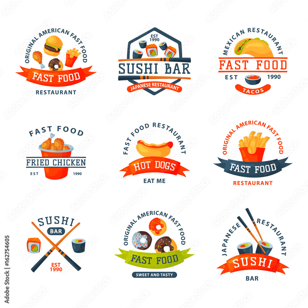Colorful cartoon fast food label logo isolated restaurant tasty ...