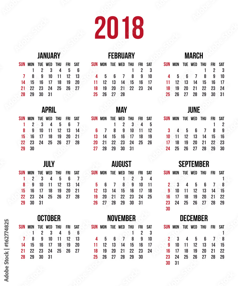 Calendar 2018 year. Week starts Sunday, US. Vector clear or blank ...