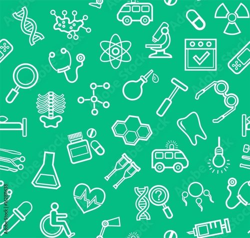 Medicine, green background, seamless, contour icons, vector. White ...