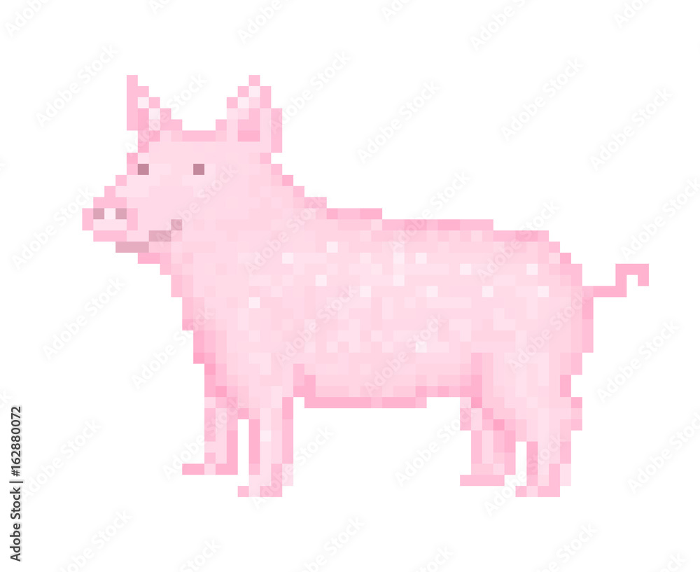 Old school 8 bit pixel art pink pig standing on the ground. Domestic ...