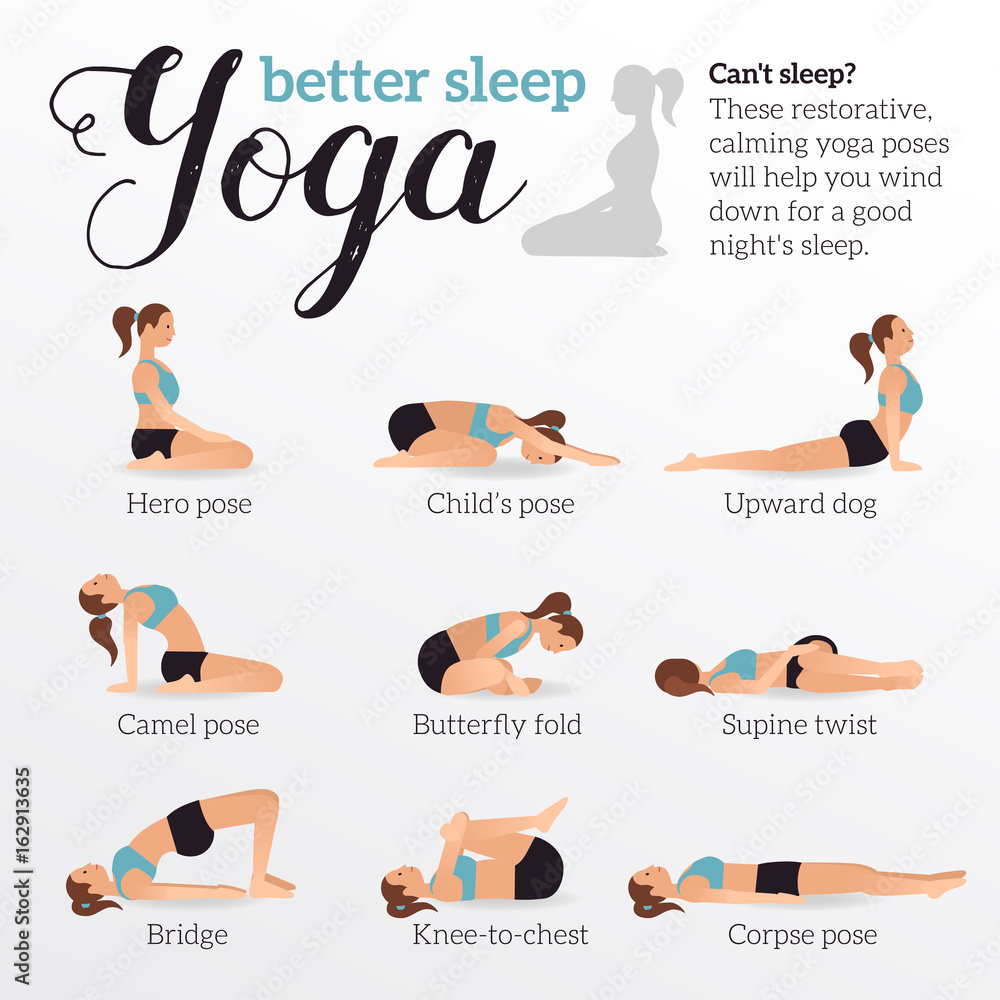 Yoga poses for better sleep. Vector illustrations with woman in sport ...