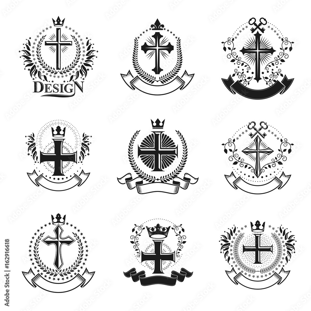 Crosses Religious emblems set. Heraldic Coat of Arms, vintage vector ...