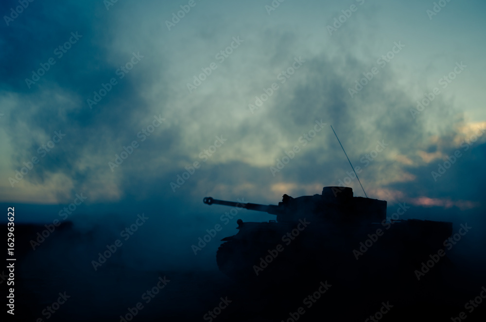War Concept. Military silhouettes fighting scene on war fog sky ...