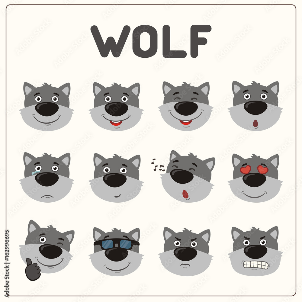 Emoticons set face of wolf in cartoon style. Collection isolated funny ...