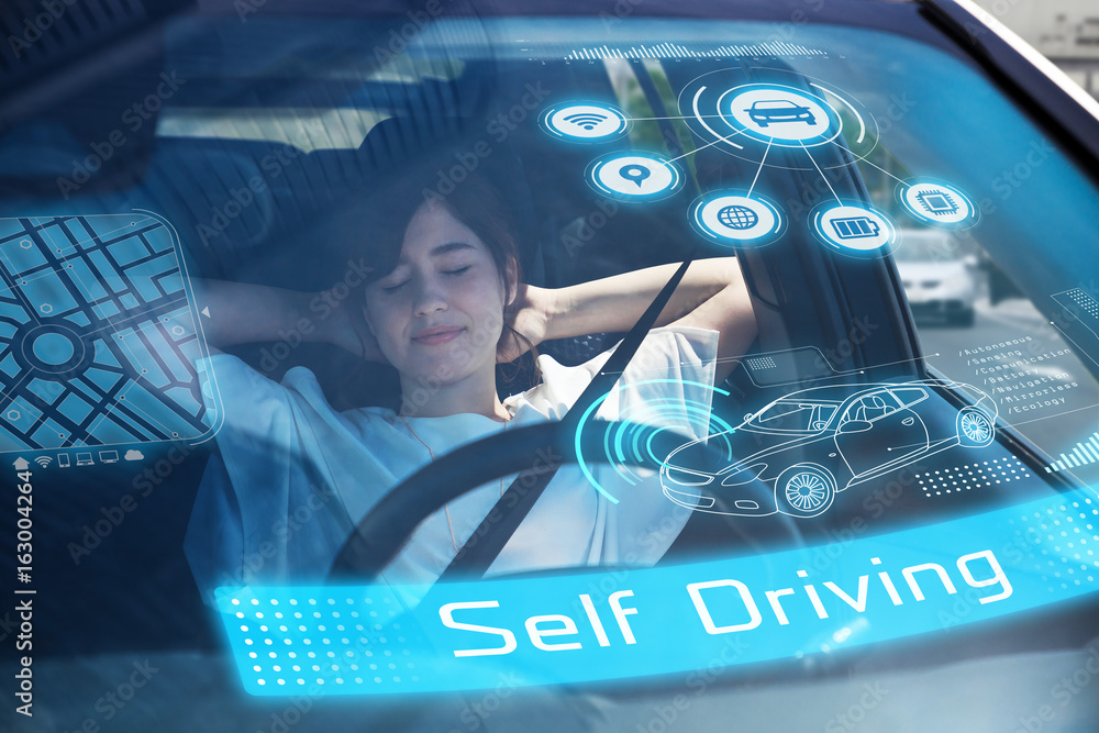 sleeping woman in autonomous car. Driverless car. Self-Driving car. UGV ...