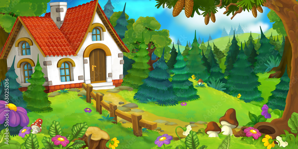 cartoon scene of an old house in the forest and big castle in the ...
